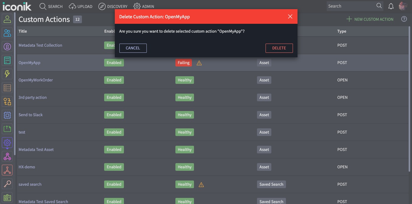 Deleting Custom Actions – iconik