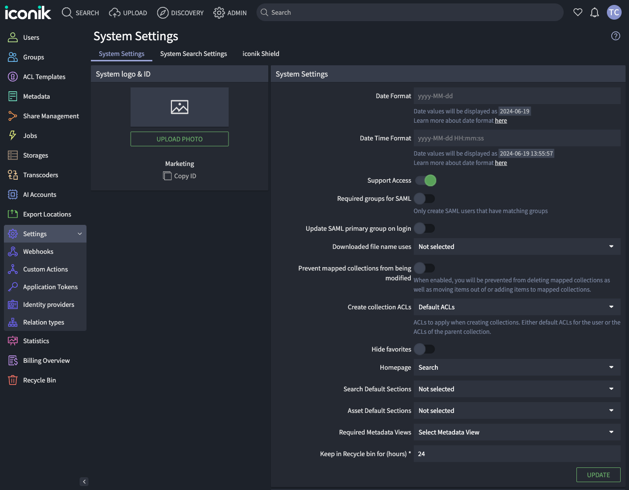 System Settings Overview – iconik