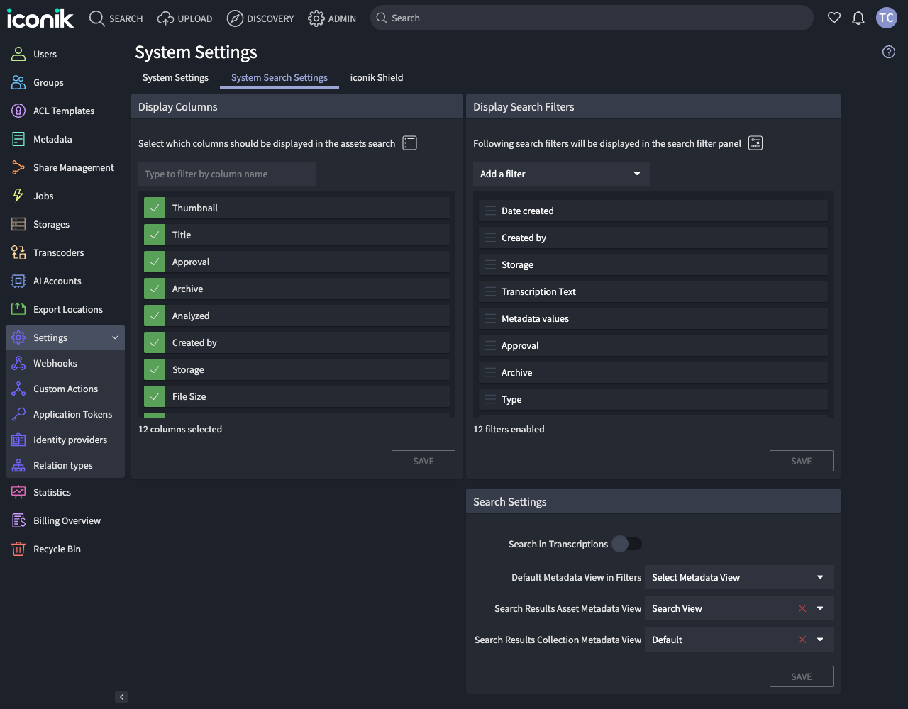 System Search Settings – iconik